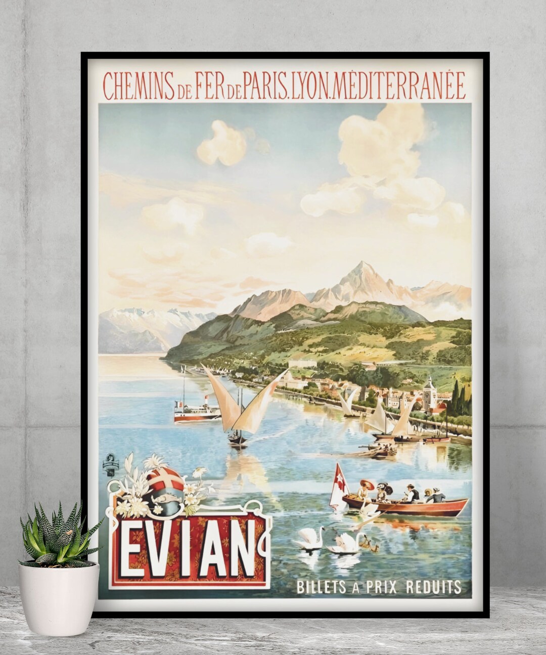 Vintage French Train Travel Poster, Vintage Evian Travel Poster ...