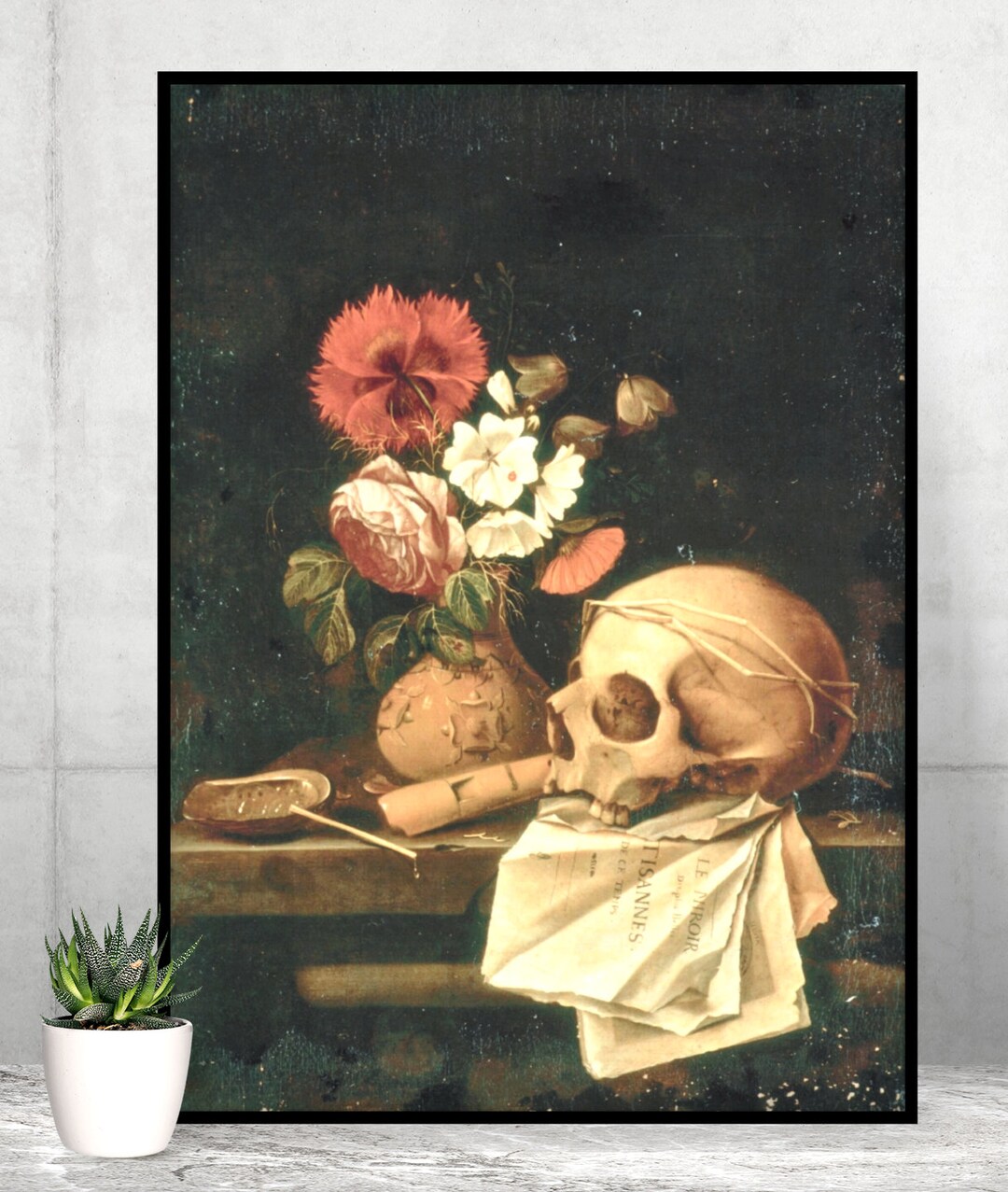 Moody Flowers With Skull Painting by Jan Borman, Vintage Moody Skull ...