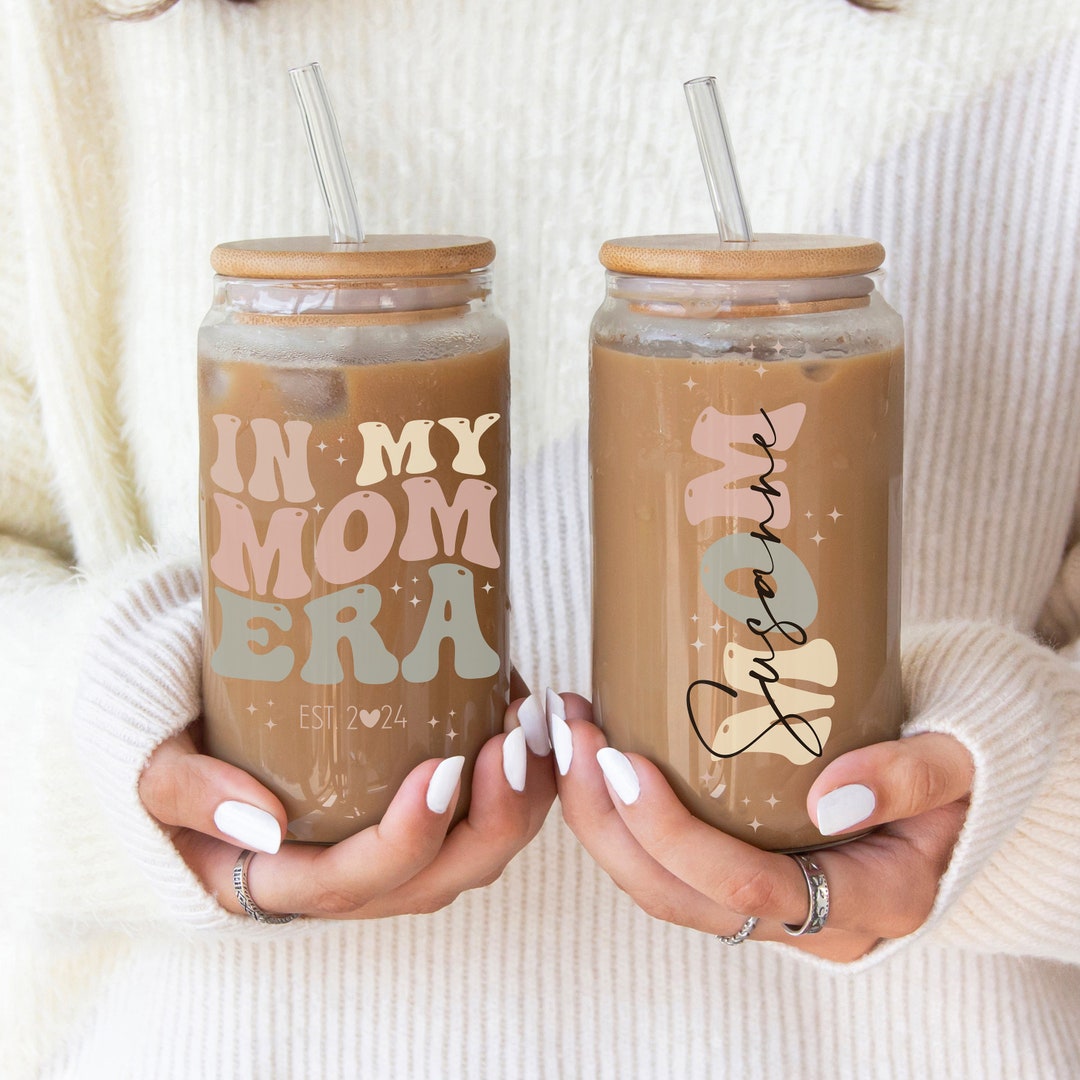Personalized in My Mom Era Iced Glass Tumbler, Custom Iced Coffee Cup ...