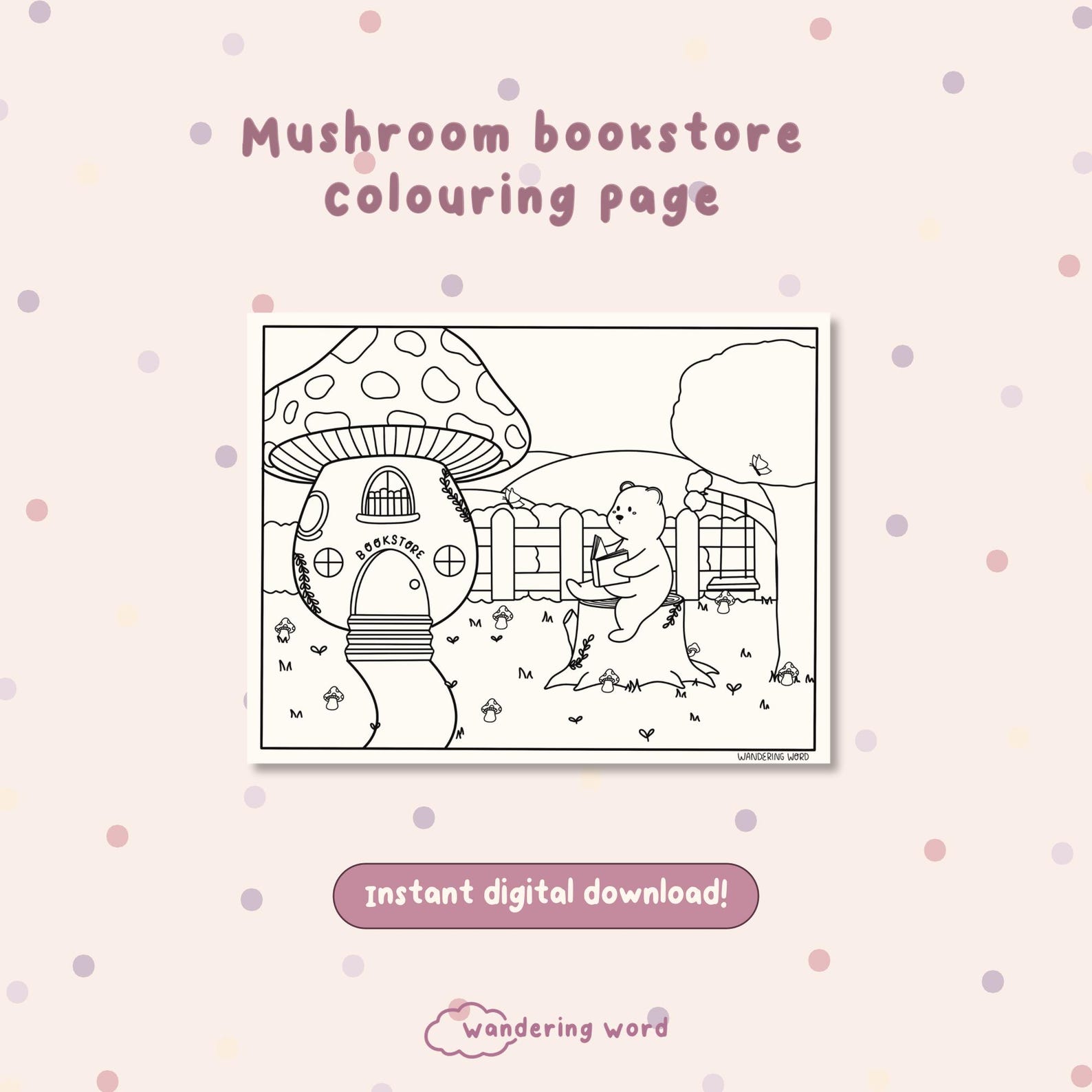 Mushroom Bookstore | Cute Colouring Page, PDF Printable Colouring Sheet ...