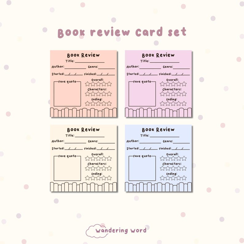 Digital Book Review Card Set | Cozy Book Review Cards, Book Tracker ...