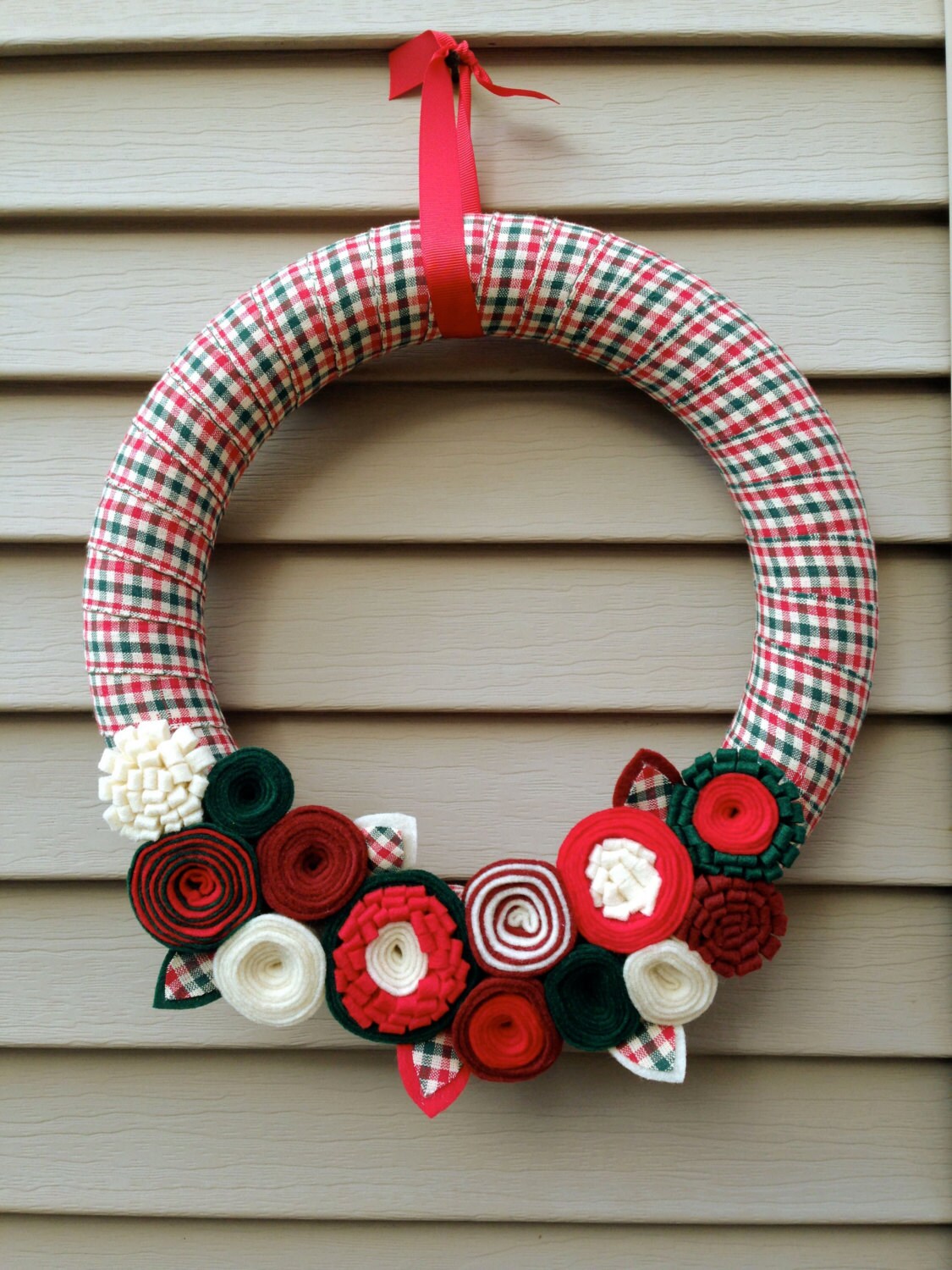 Christmas Wreath Wrapped in Fabric Decorated W/ Felt Flowers. - Etsy