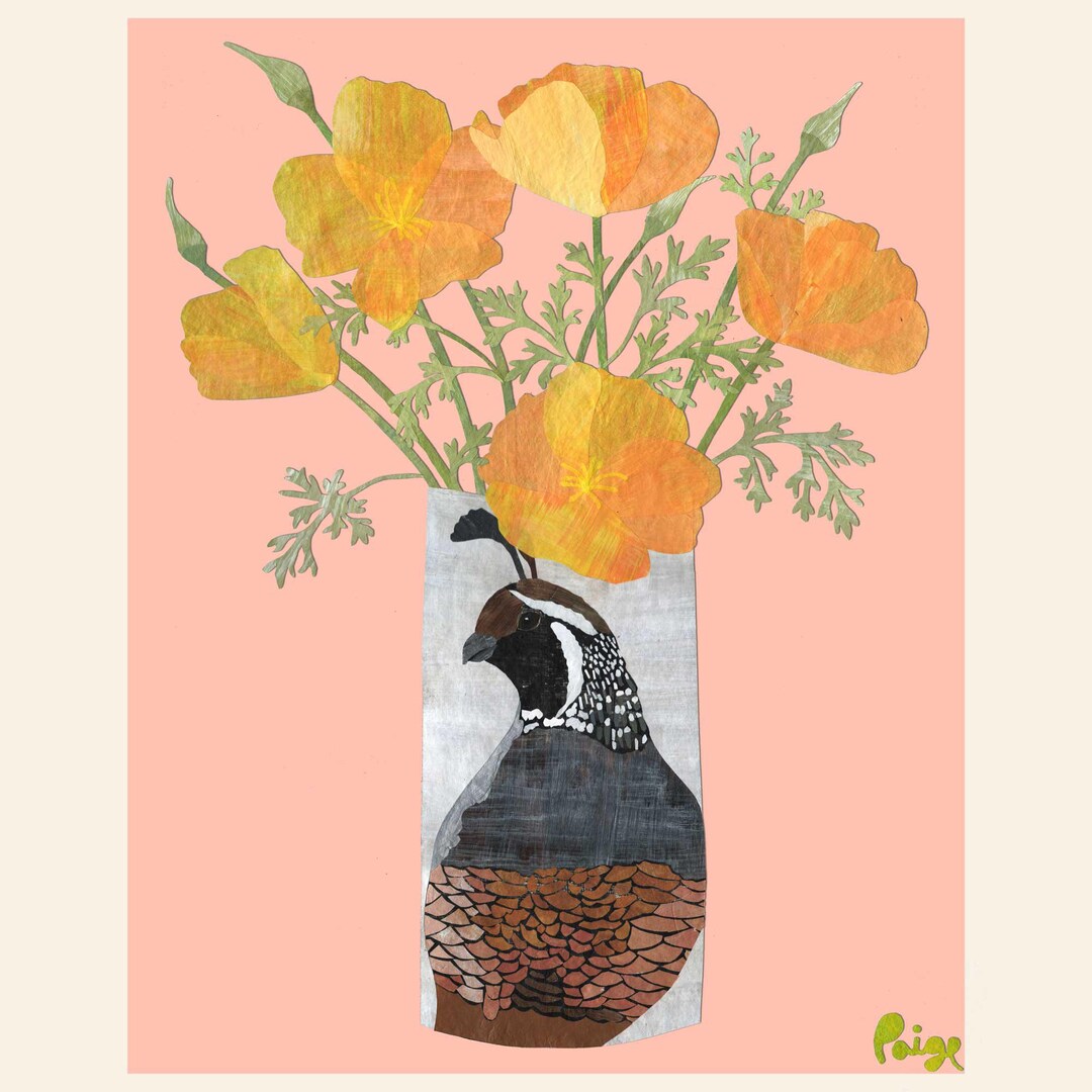 California Poppy & Quail Painted Paper Cut Giclee Fine Art Print, State ...