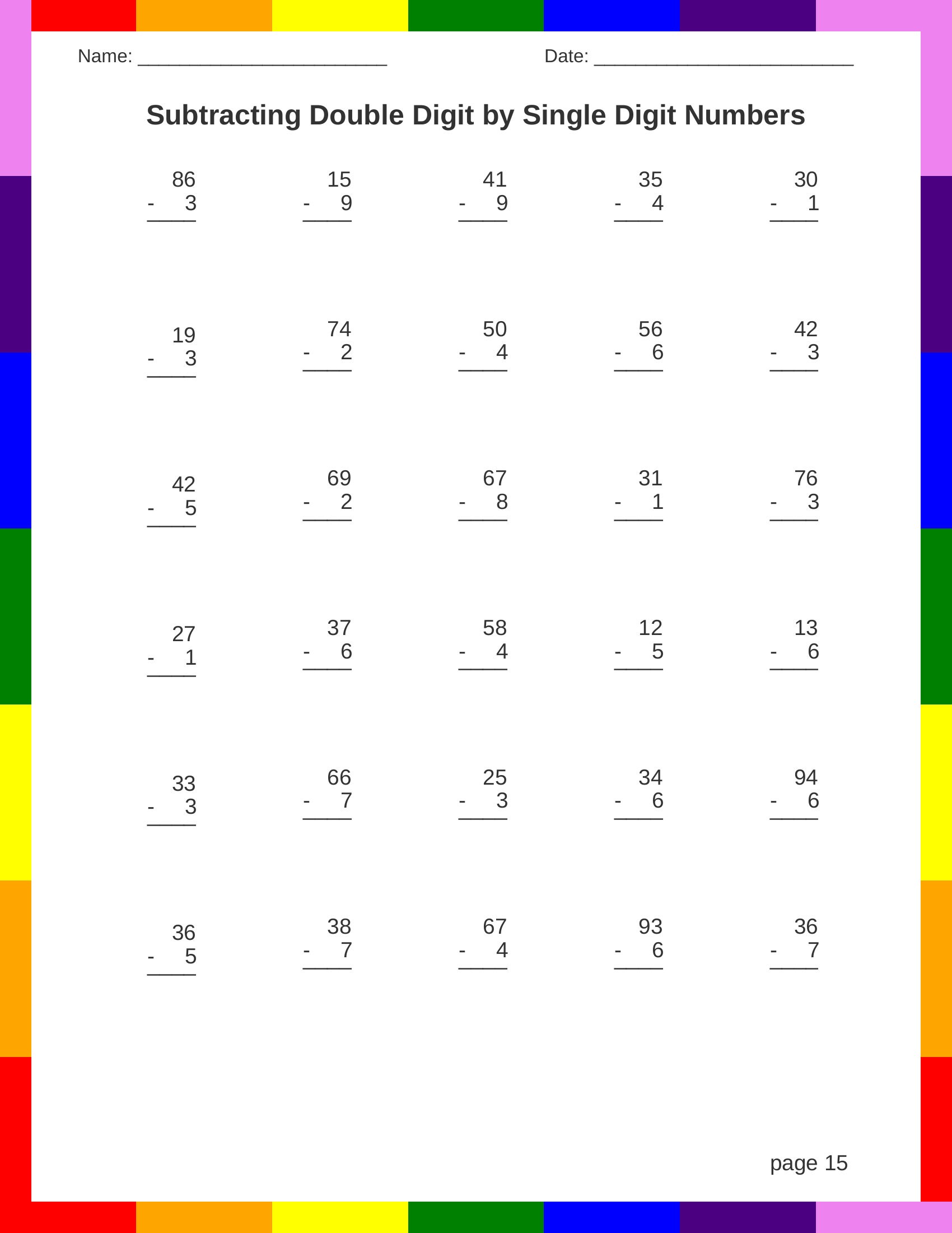 Subtraction Worksheets Single to Double Digit Numbers, Subtraction ...