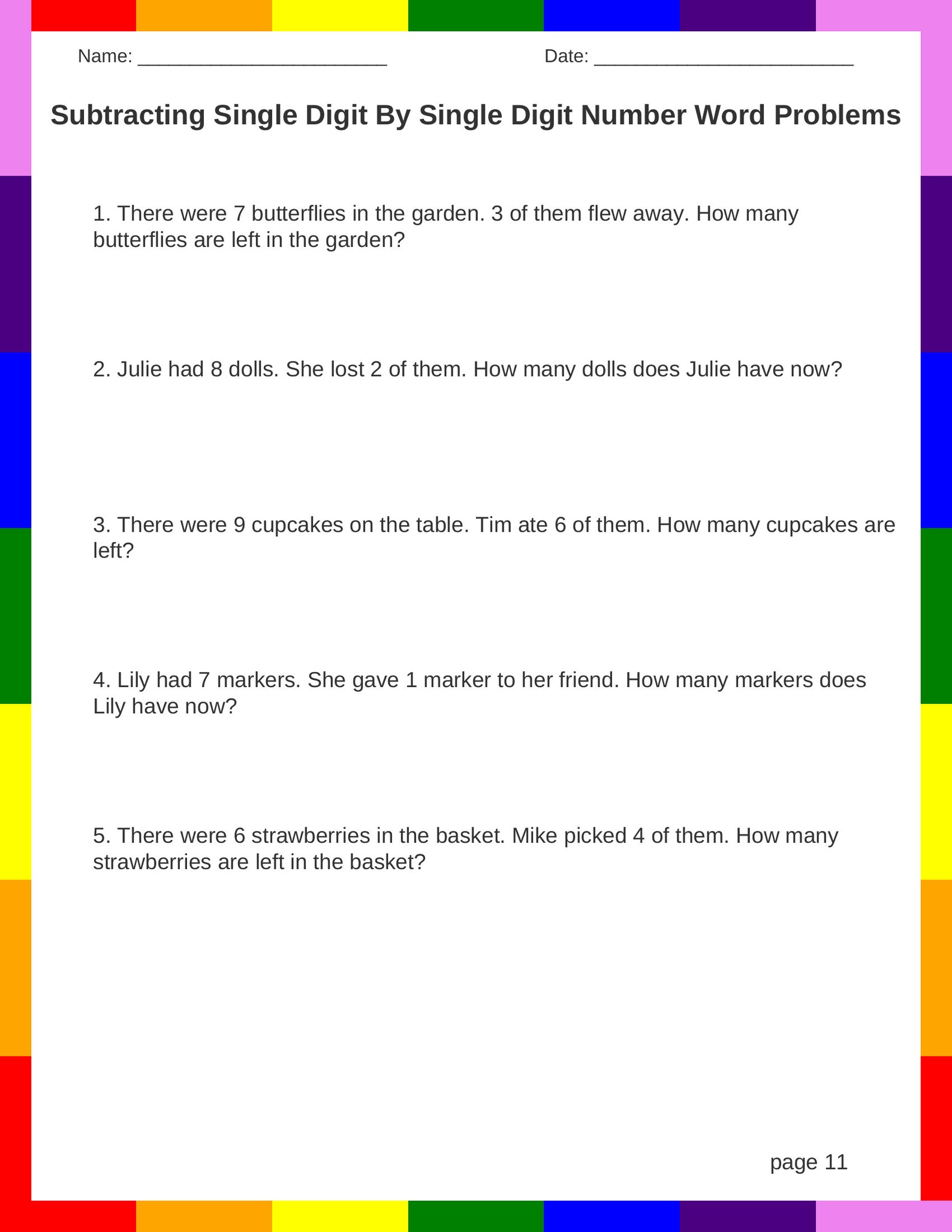 Subtraction Worksheets Single to Double Digit Numbers, Subtraction ...