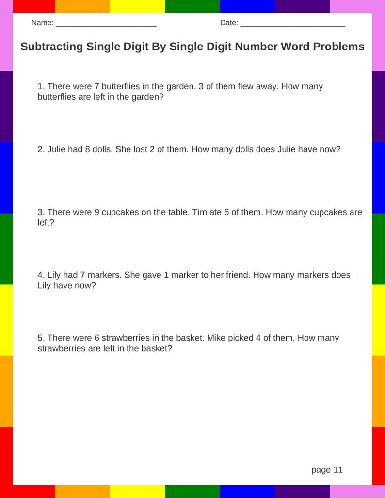 Subtraction Worksheets Single to Double Digit Numbers, Subtraction ...