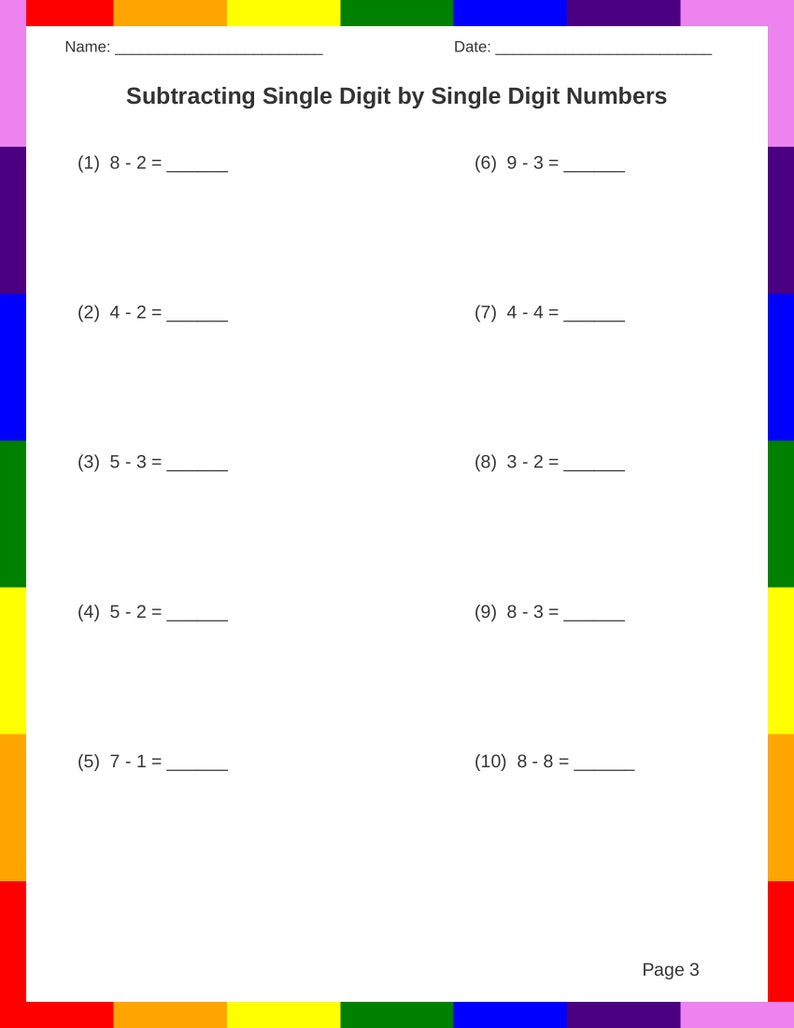 Subtraction Worksheets Single to Double Digit Numbers, Subtraction ...
