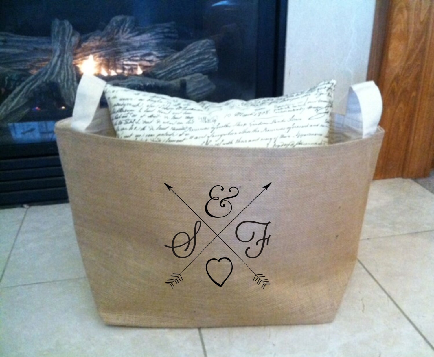 Large Lined Burlap Storage Basket Personalized With Arrows and - Etsy