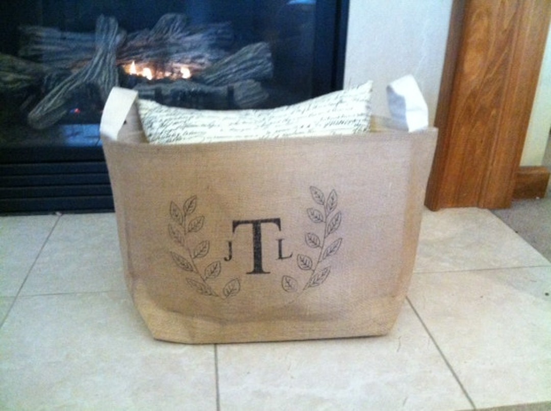 Large Lined Burlap Storage Basket With Laurel Monogram, Burlap Storage ...