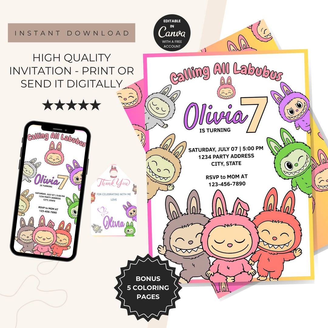 Labubu Birthday Invitation Template | Cute Monster Party Invite for ...