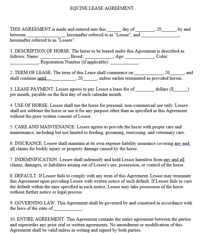 Horse Lease Agreement Template - Etsy