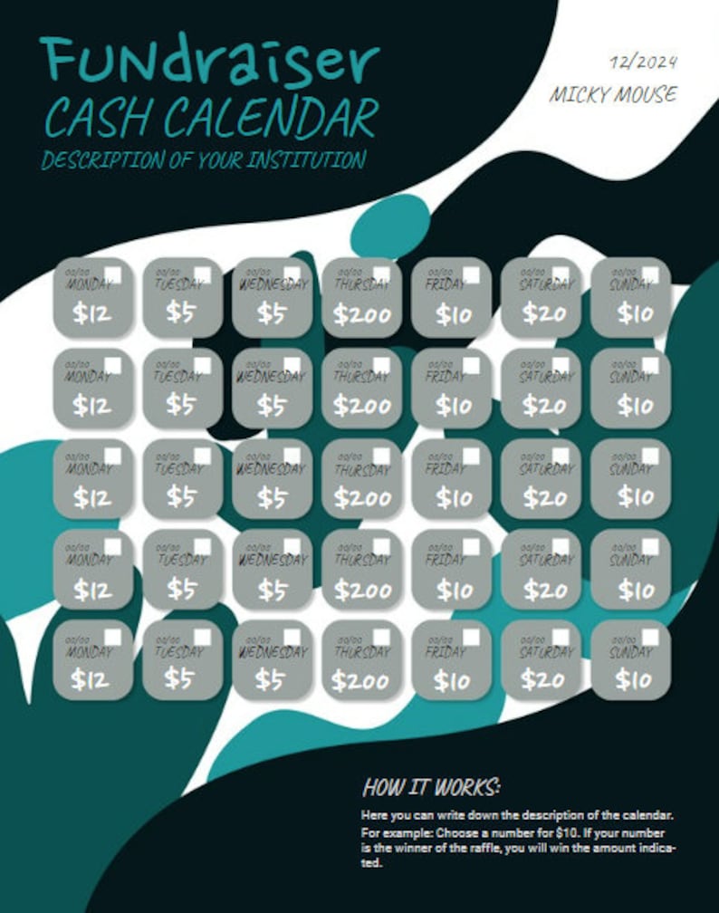 Cash Calendar Fundraiser Template (editable in Canva) With 7 Styles ...
