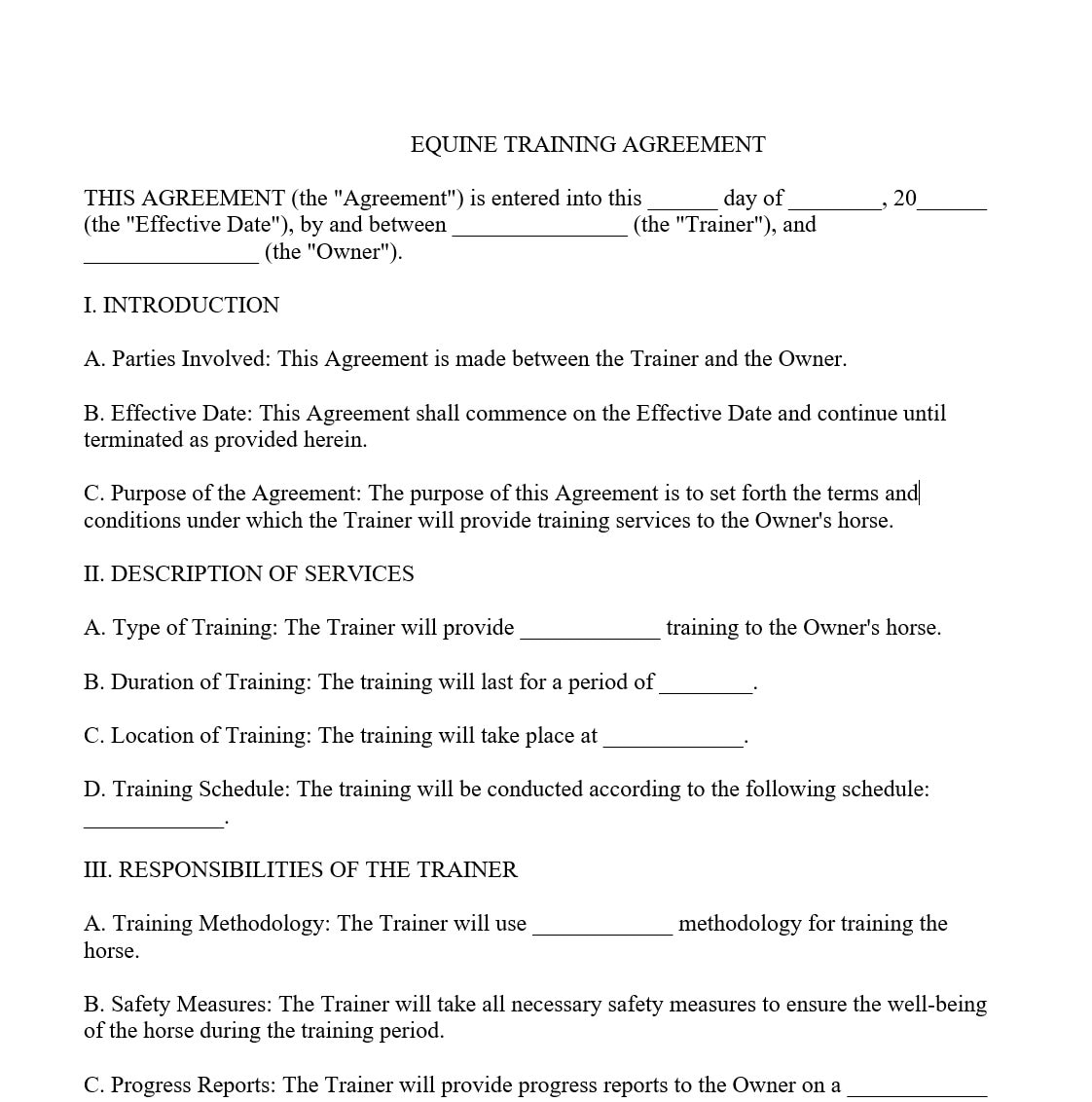 Horse Training Agreement Template - Etsy