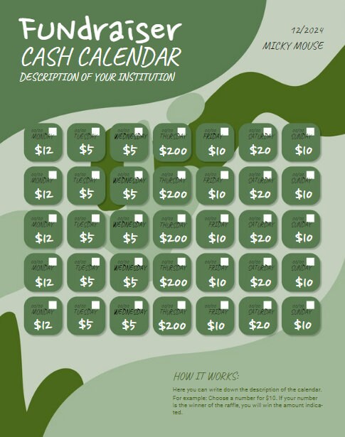 Cash Calendar Fundraiser Template (editable in Canva) With 7 Styles ...
