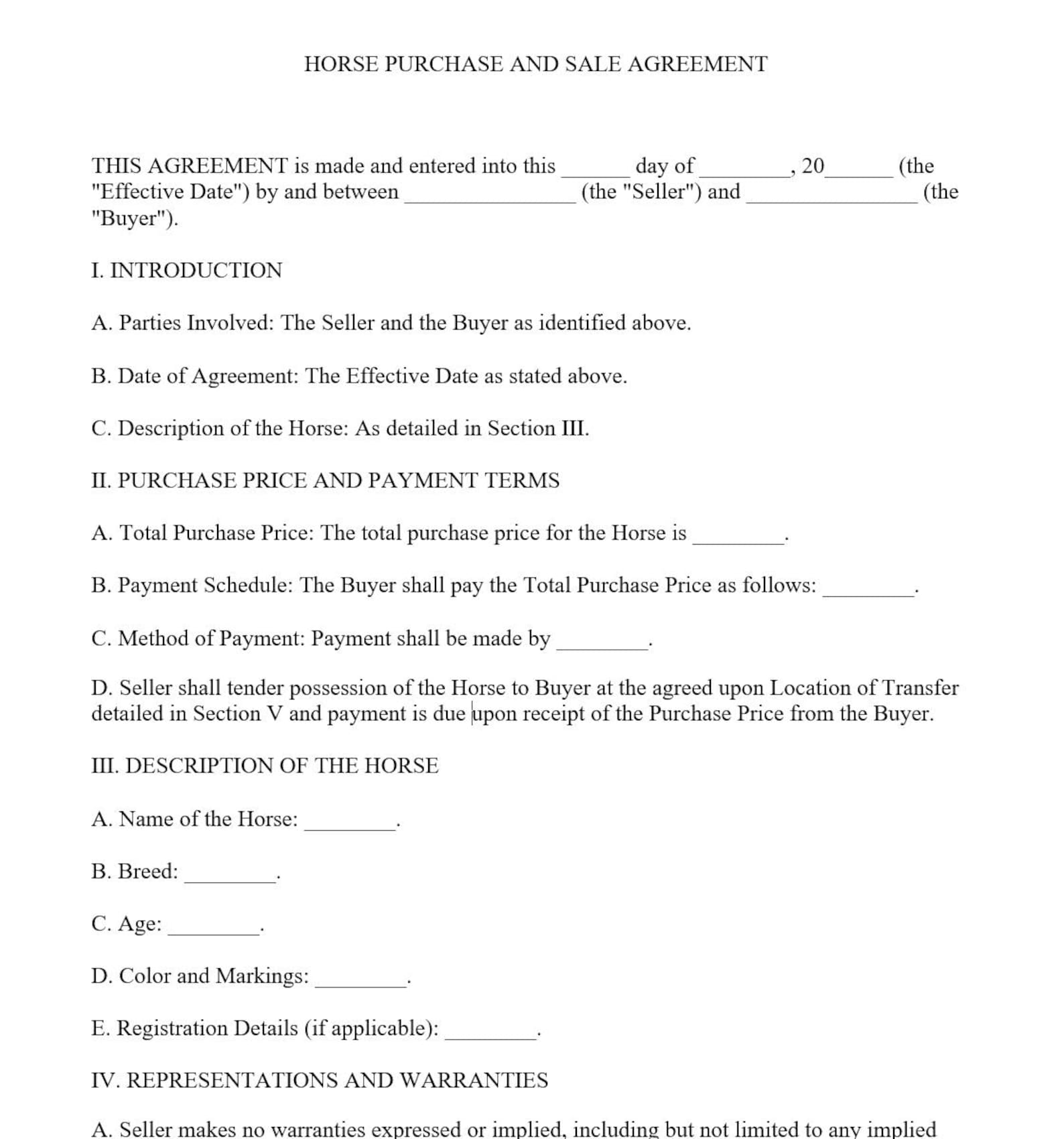 Horse Sale Agreement Template, Equine Purchase Contract (word Document ...