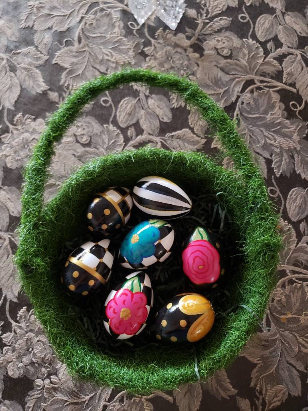 Whimsical Handpainted Easter Eggs Checks Set of 3 Black and White ...