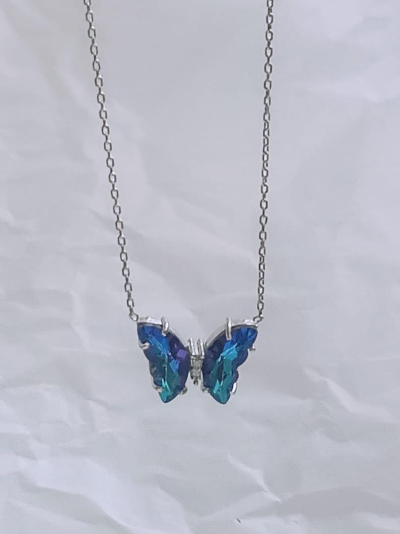 Silver Butterfly Necklace With Blue Crystal Stone-silver Butterfly ...