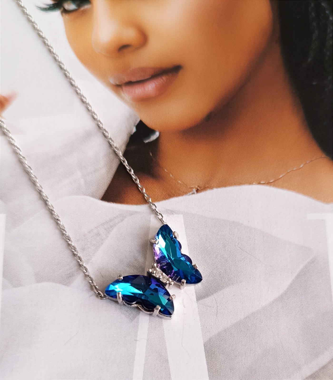 Silver Butterfly Necklace With Blue Crystal Stone-silver Butterfly ...