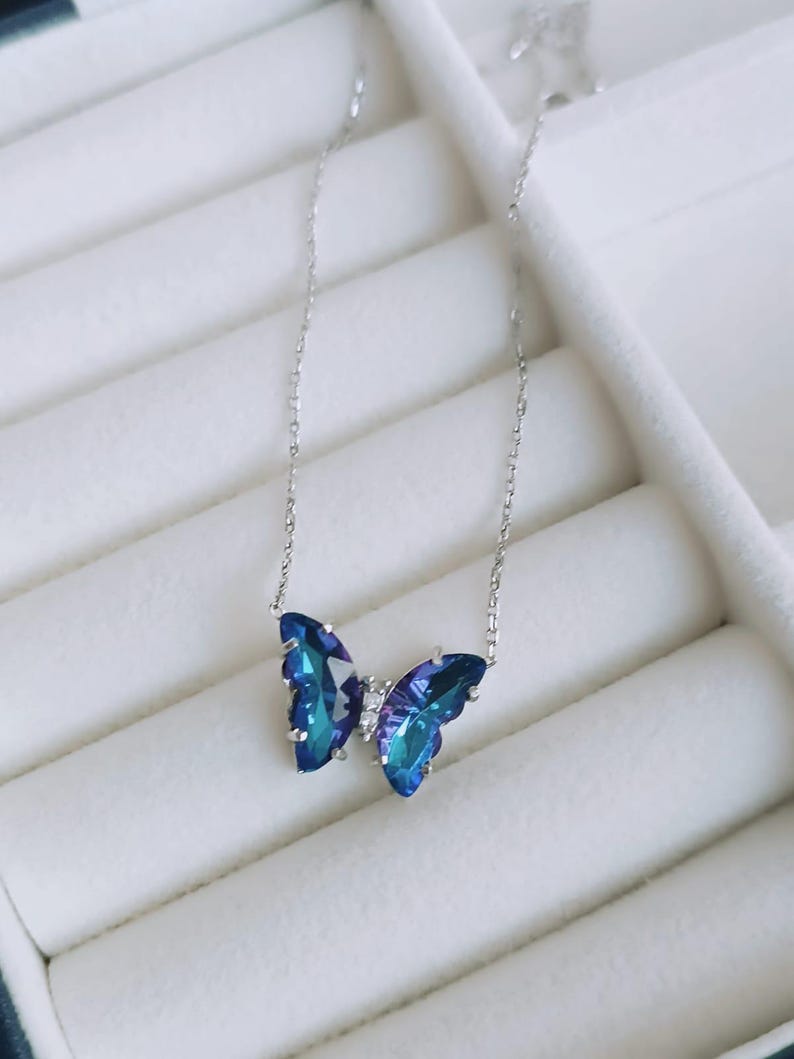 Silver Butterfly Necklace With Blue Crystal Stone-silver Butterfly ...