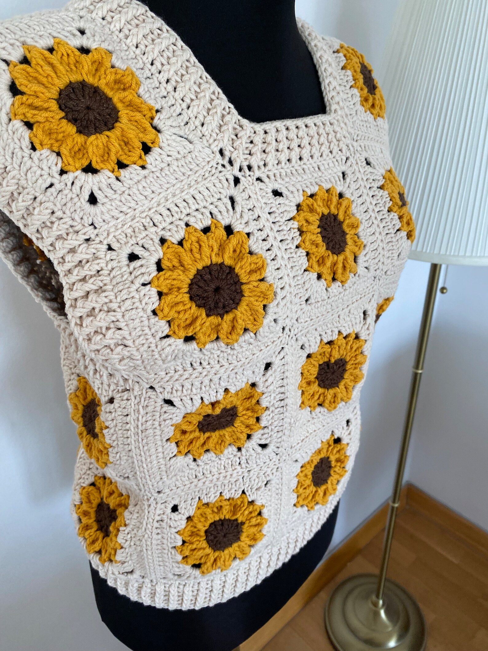 Crochet Sunflower Vest, Handmade Floral Sweater Vest, Granny Square ...