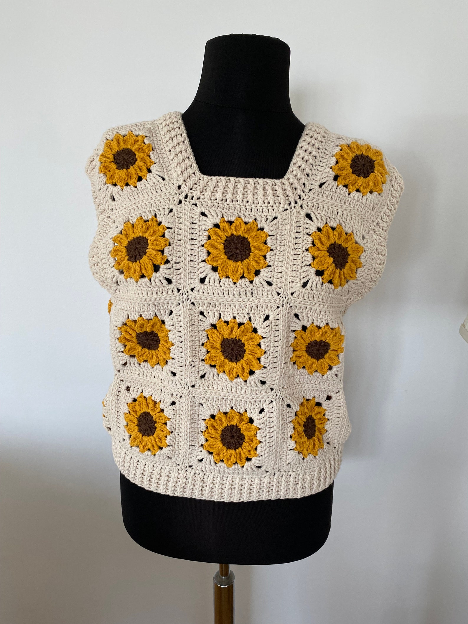 Crochet Sunflower Vest, Handmade Floral Sweater Vest, Granny Square ...