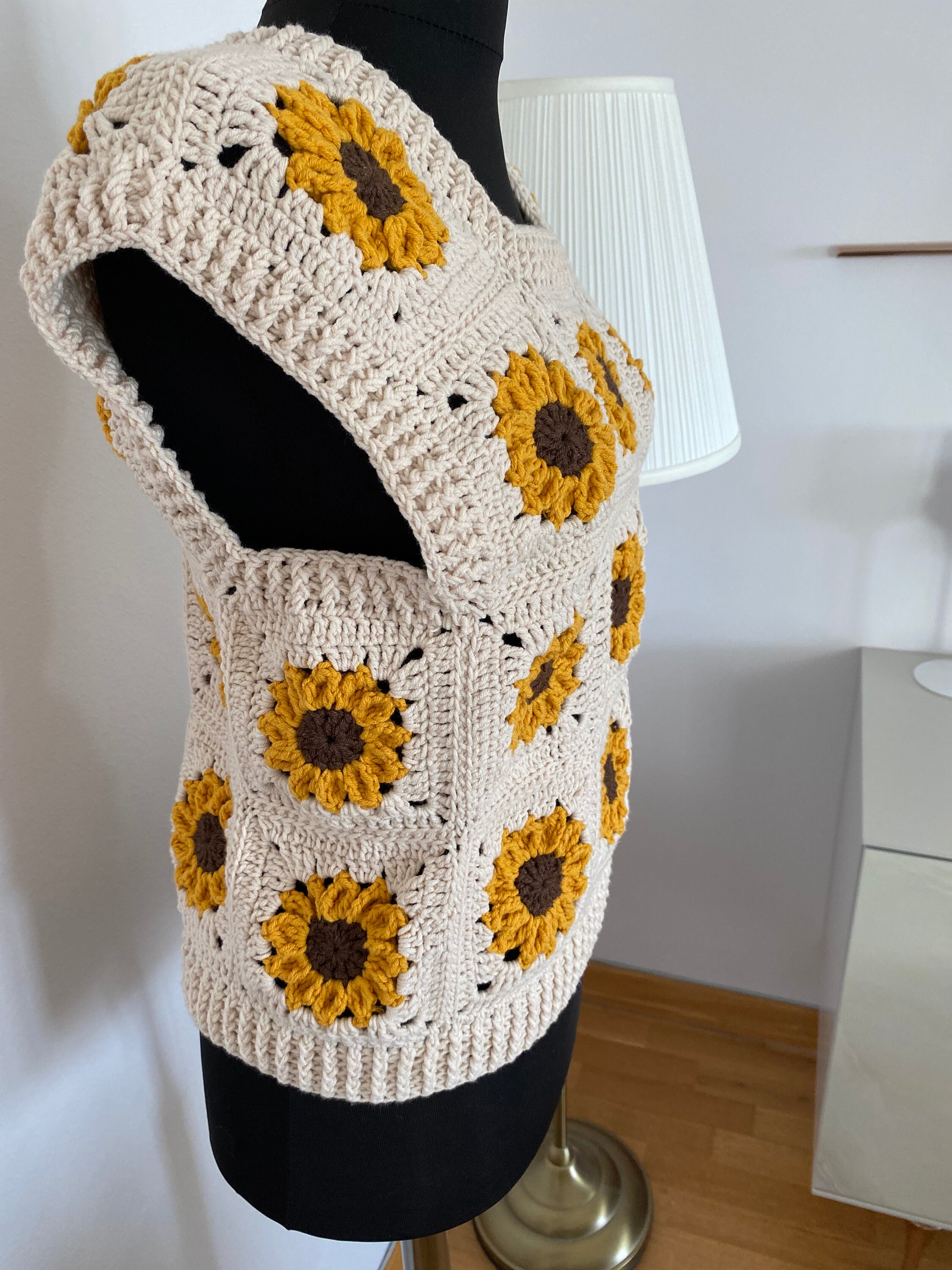 Crochet Sunflower Vest, Handmade Floral Sweater Vest, Granny Square ...