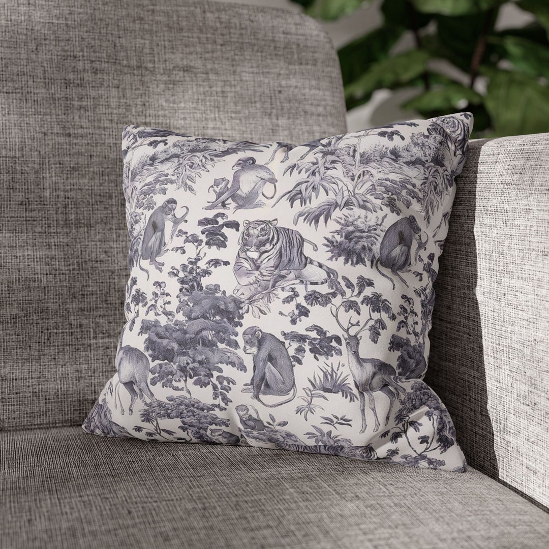 Vintage French Toile Monochrome Animal Pattern in Navy Blue Faux Suede ...