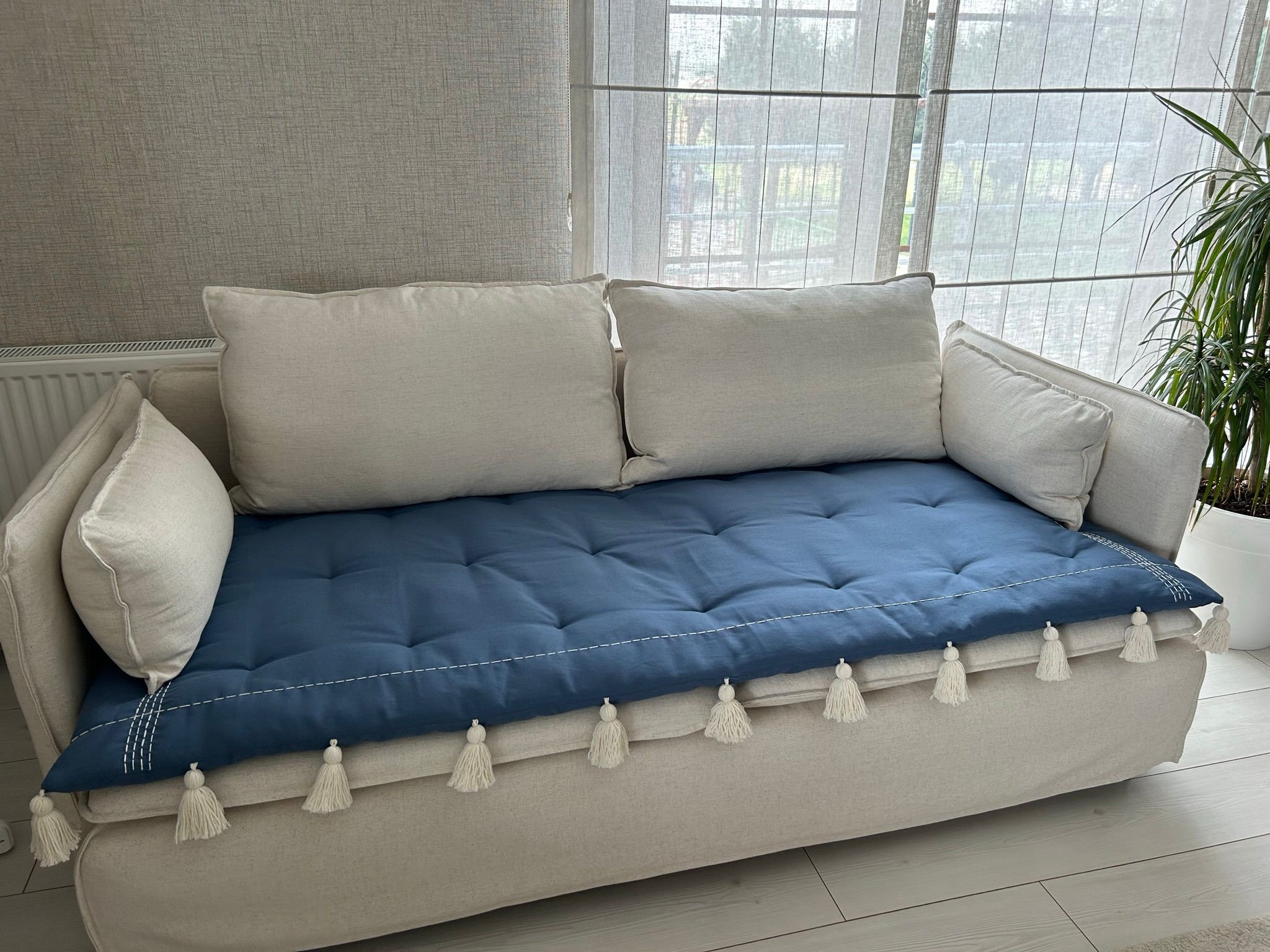 Linen Embroidery Indigo Blue Sofa Topper Couch Cover Washable Stain ...