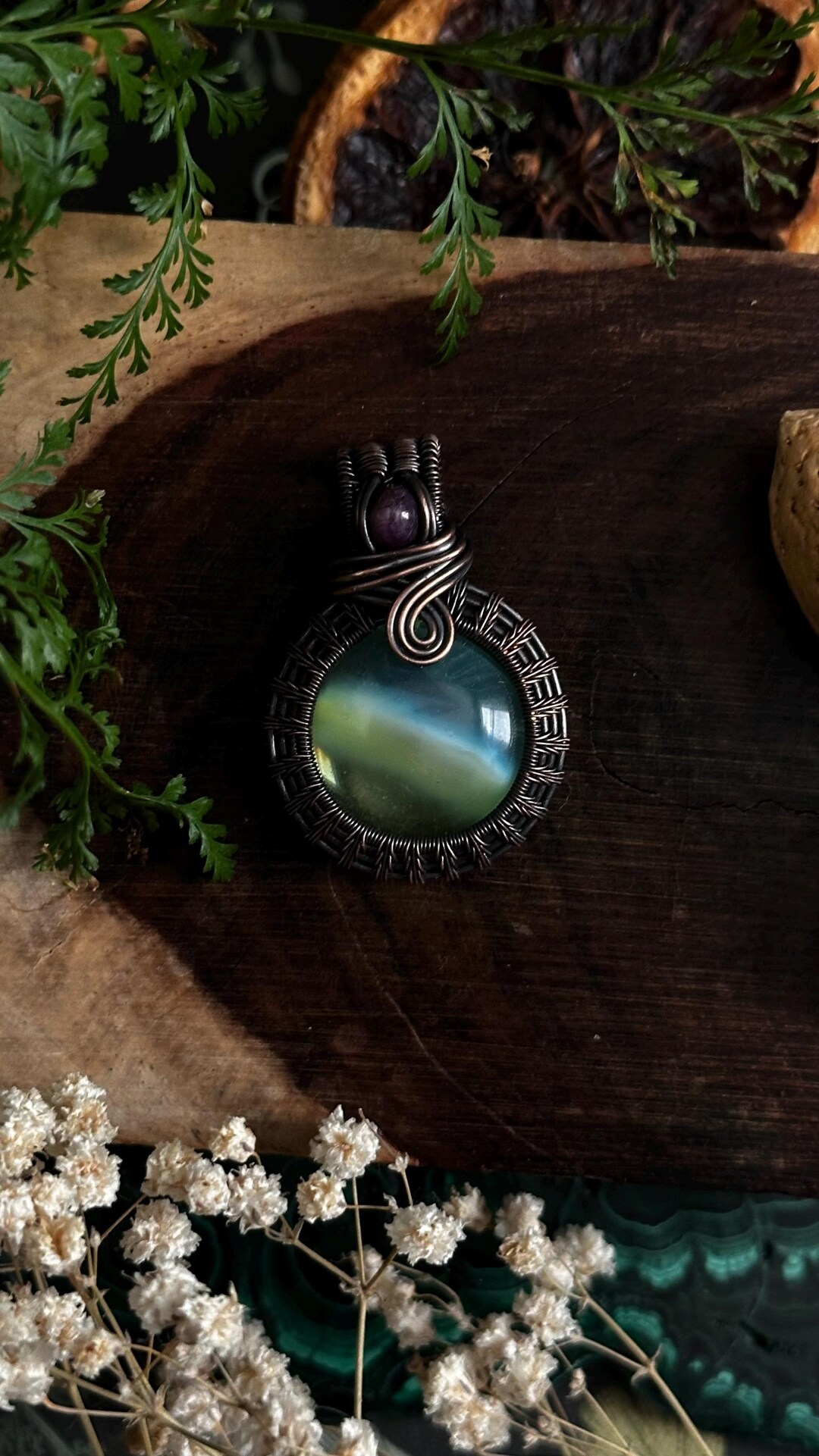 Wire Wrapped Fenton Uranium Glass and Ruby Pendant - Etsy