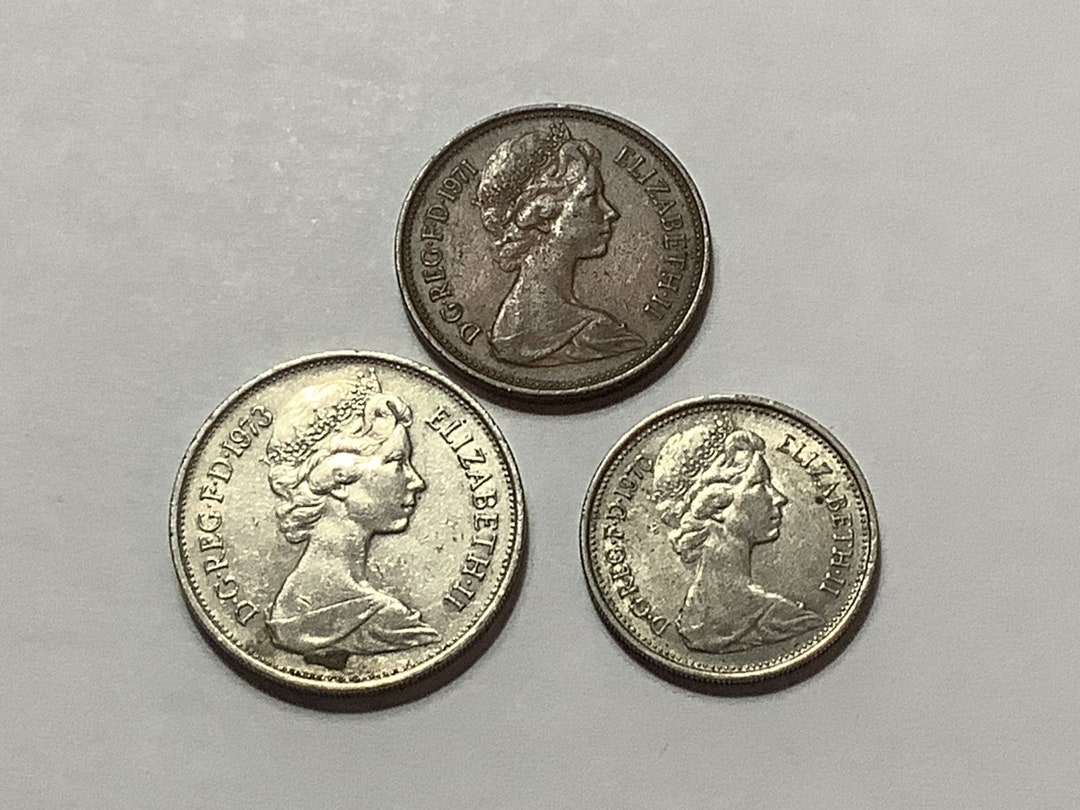 Rare Queen Elizabeth Coins: 1971 2 New Pence; 1970 New 5 Pence; 1973 10 ...