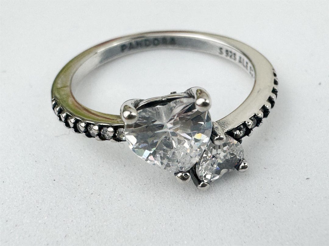 Pandora Double Heart Sparkling Ring ,silver Ring With Cubic Zirconia ...