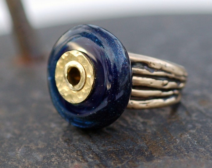 Bronze Ring Boro Lampwork Glass Beaded Jewelry Navy Blue - Etsy