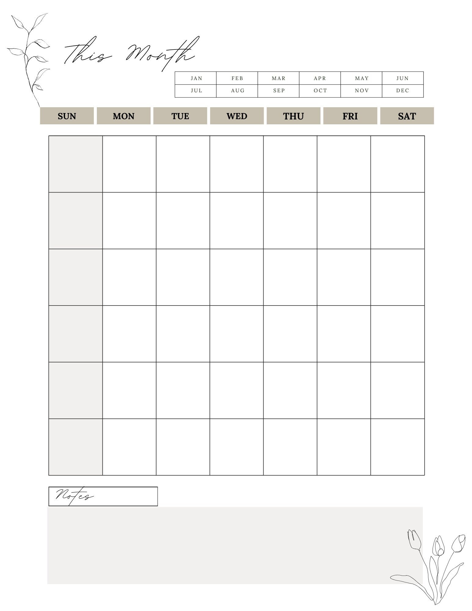 Minimalist Printable Undated Calendar for Planning, Memory Keeping, Etc ...