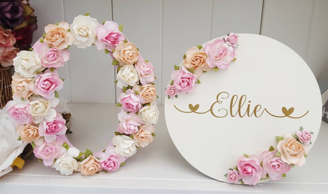 Floral Personalised Wooden Letter and Round Name Plaque Wall - Etsy