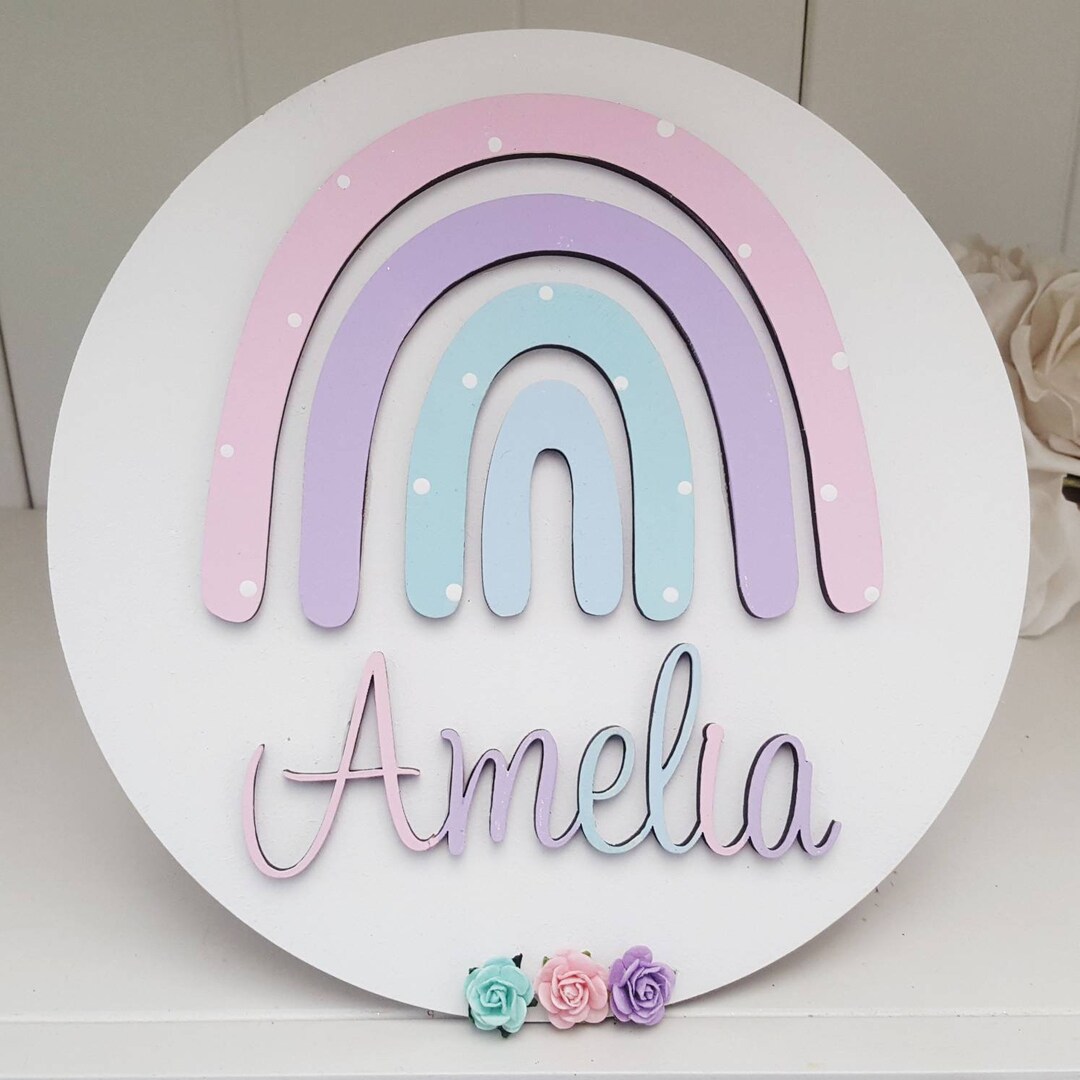 Personalised Wooden Round Name Plaque, Rainbow Pastel Wall Decor ...