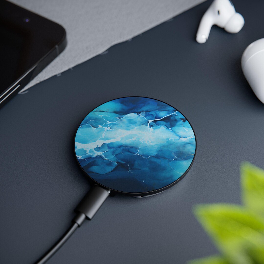 Ocean Wave Abstract Wireless Charger Blue and White Fast Charging Pad ...