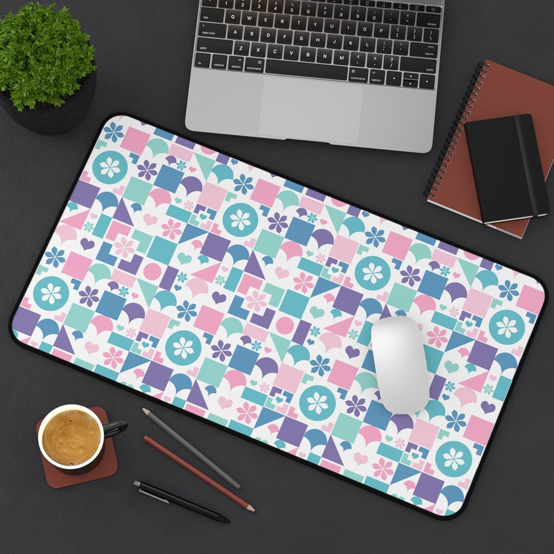 Retro Geometric Desk Mat With Pastel Floral Shapes - Large Mouse Pad ...