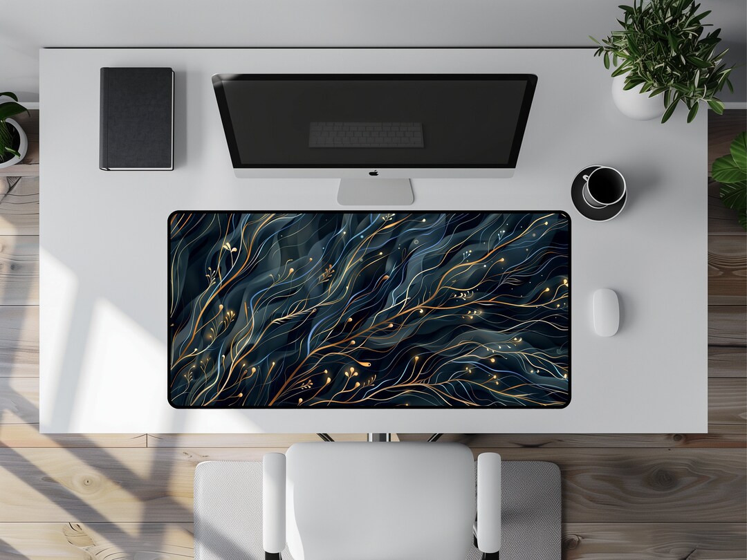 Elegant Black and Gold Desk Mat Featuring Abstract Wavy Lines for ...