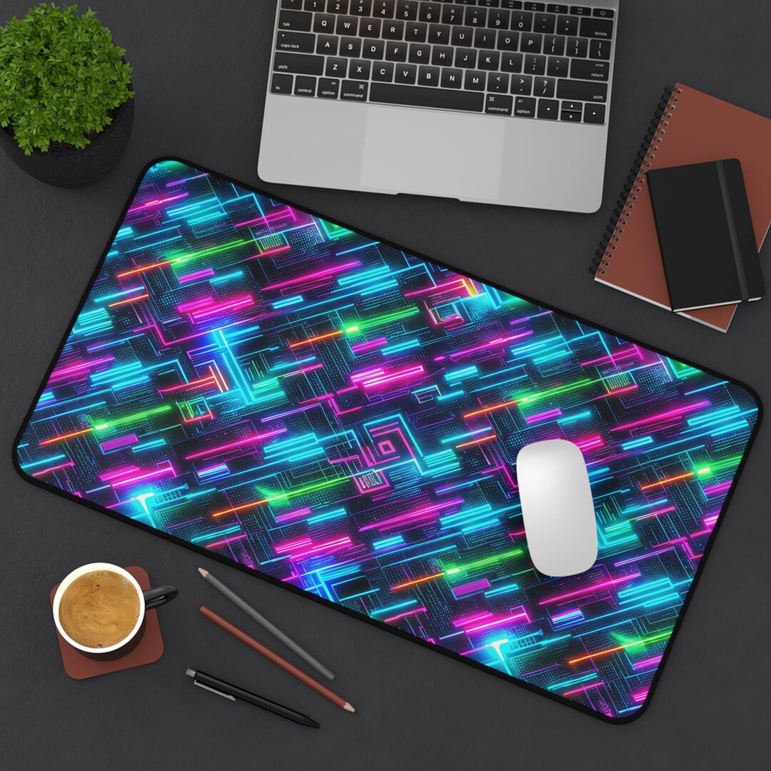 Retro Neon Circuit Desk Mat With Futuristic Digital Lines - Large Mouse ...