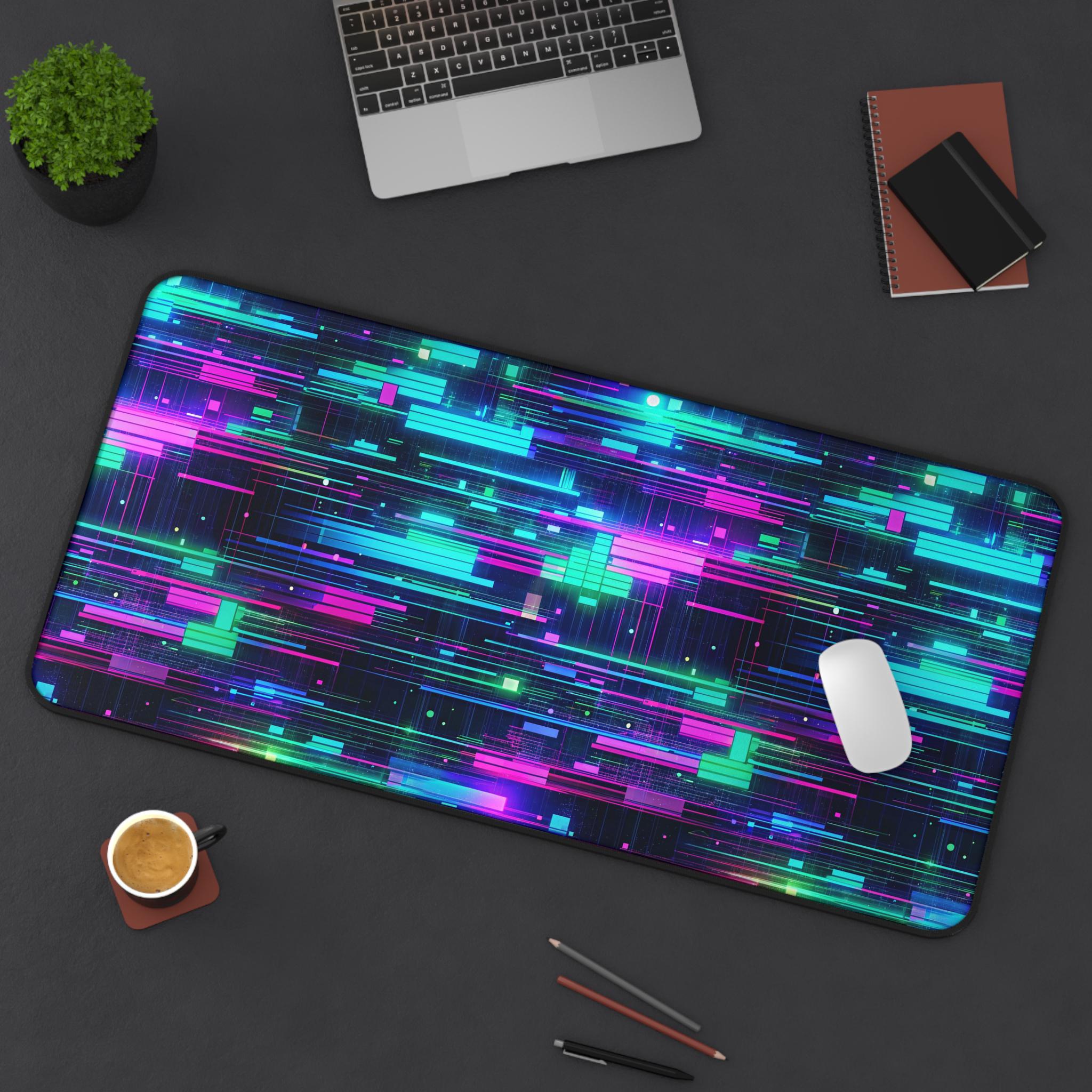 Neon Glitch Desk Mat With Futuristic Digital Pattern - Large Mouse Pad ...
