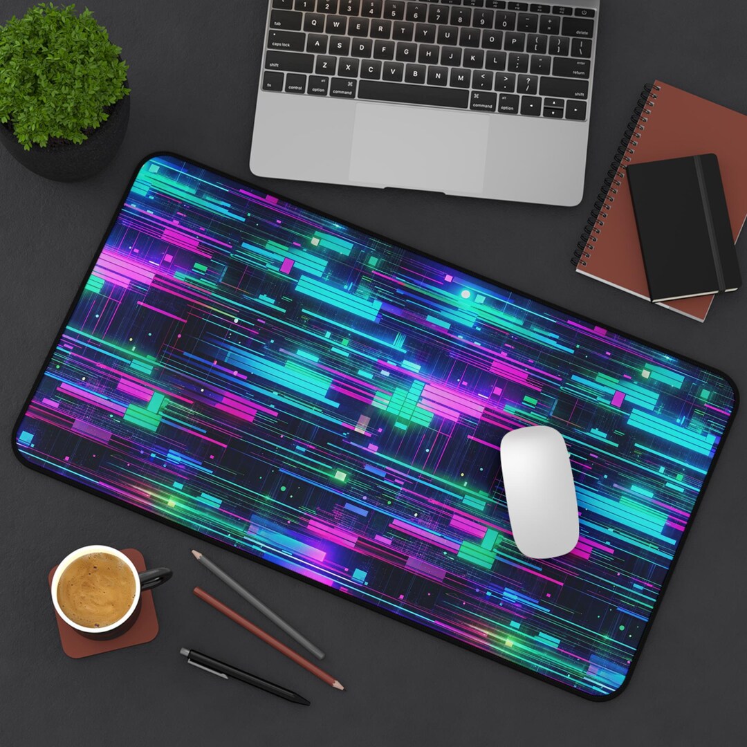 Neon Glitch Desk Mat With Futuristic Digital Pattern - Large Mouse Pad ...