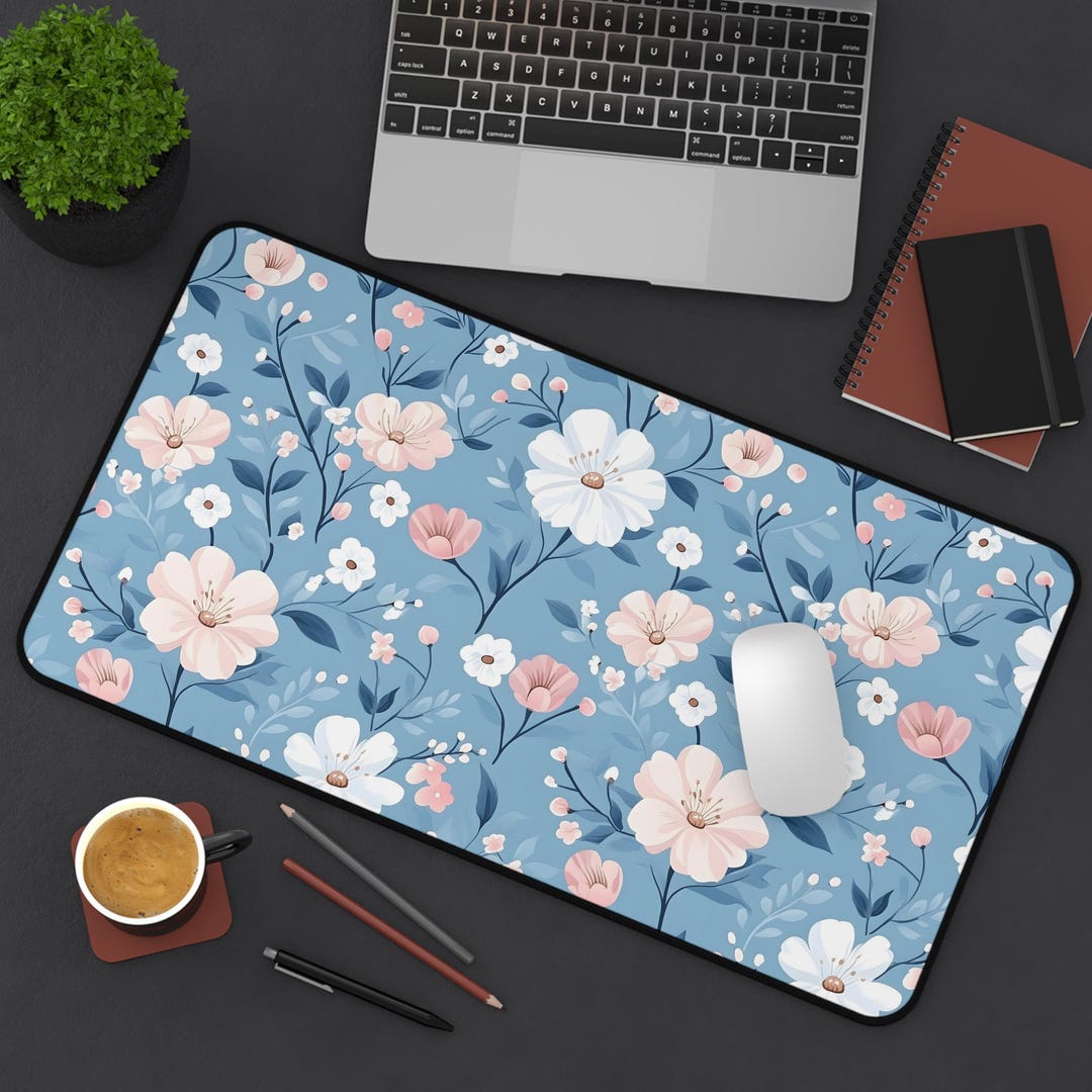 Blue Floral Desk Mat With Light Pink and White Flowers - Large Mouse ...