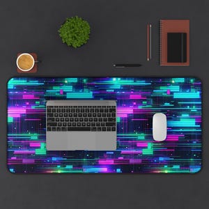 Neon Glitch Desk Mat With Futuristic Digital Pattern - Large Mouse Pad ...