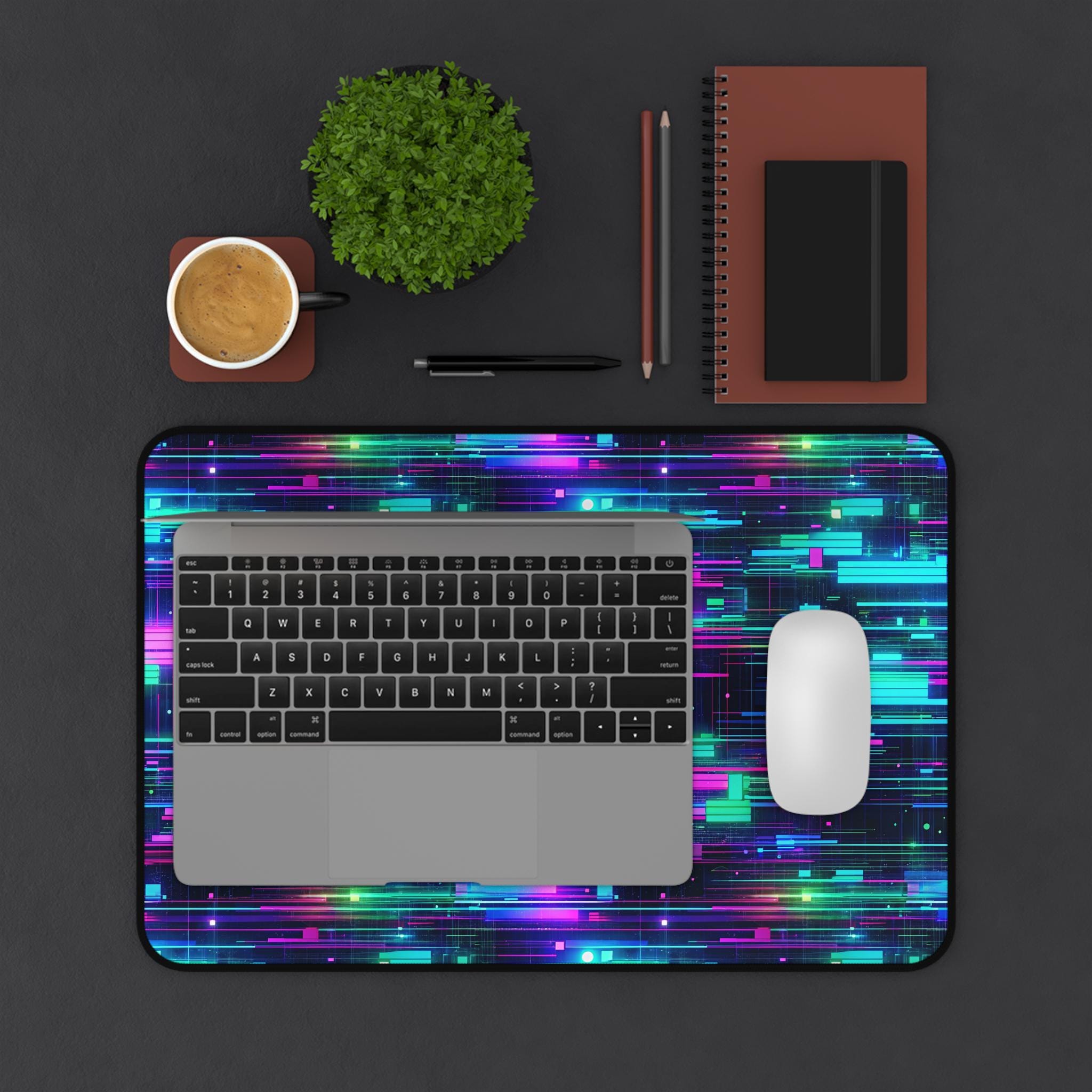 Neon Glitch Desk Mat With Futuristic Digital Pattern - Large Mouse Pad ...