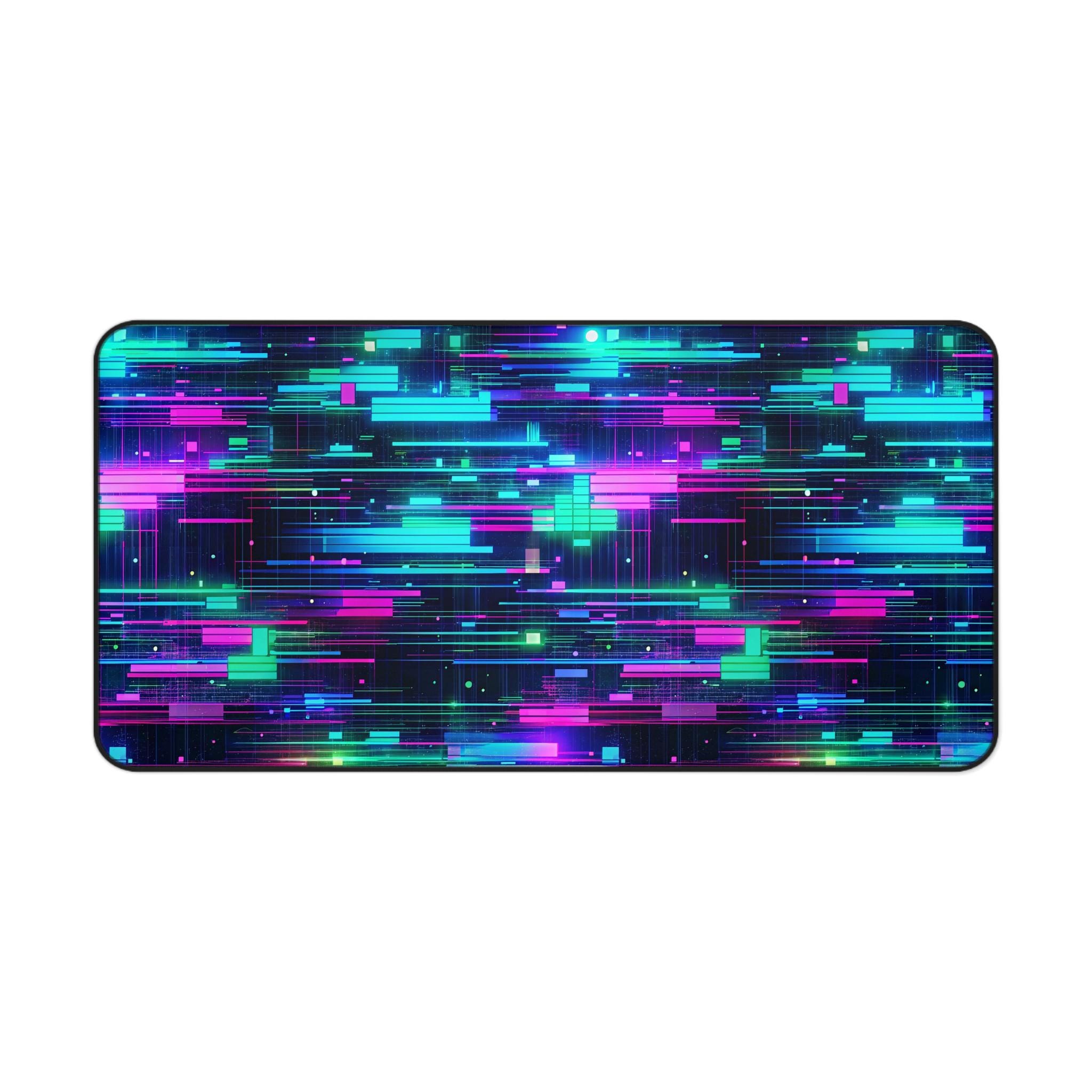 Neon Glitch Desk Mat With Futuristic Digital Pattern - Large Mouse Pad ...
