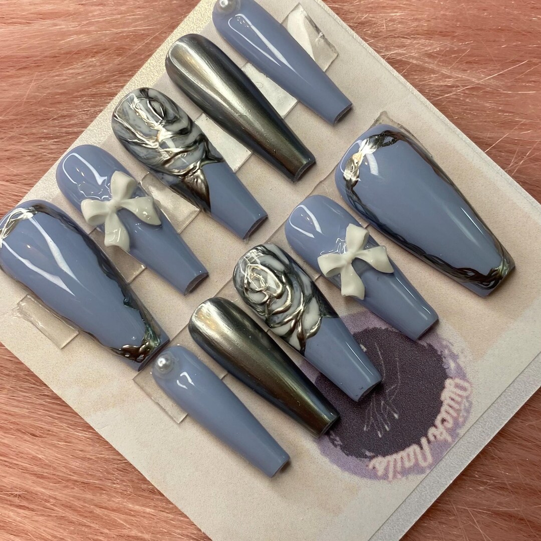 Paste Blue Nails / Coquette Nails / Nails With Pearls / Gel Nails ...