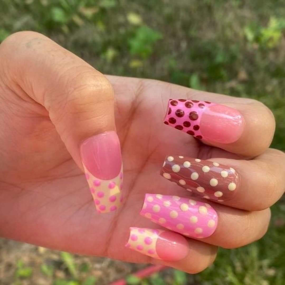 Polka Dot French Tip Girly Nails: Pink, Yellow, Brown Press Ons - Etsy