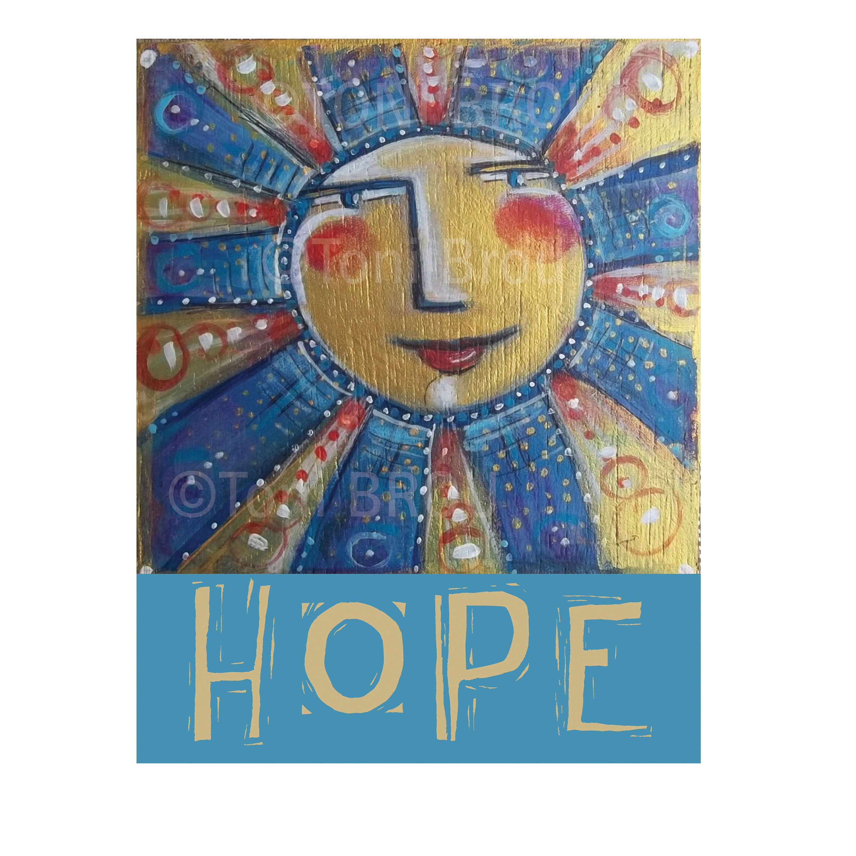 8x10 PRINT, HOPE Smiling Sun Print Blue Gold CBS Sunday Morning Artist ...