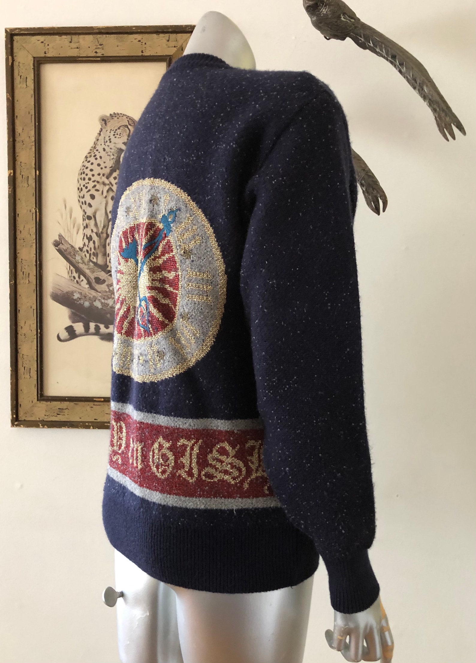 1980s Lilly En Gish Roman Clock Graphic Knit Wool Cardigan - Etsy