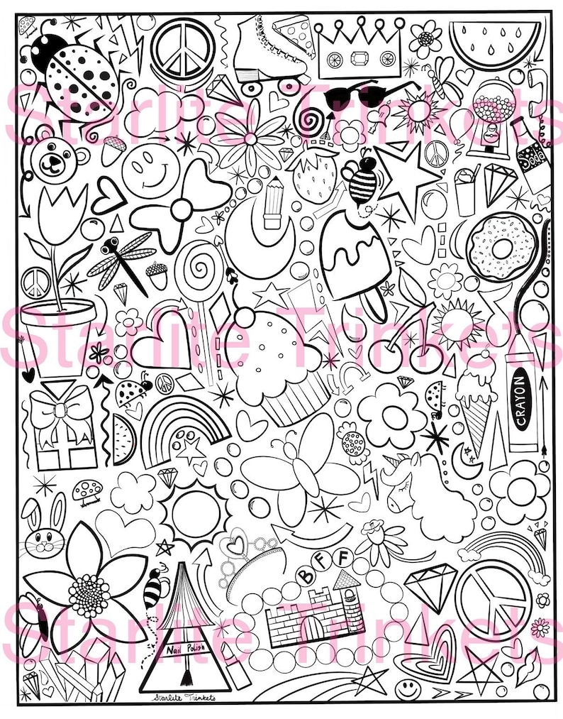 Bric-a-brac PRINTABLE Coloring Page Hearts, Stars, Unicorns, Cupcakes ...